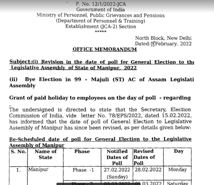 Paid holiday to employees on the day of poll in Manipur