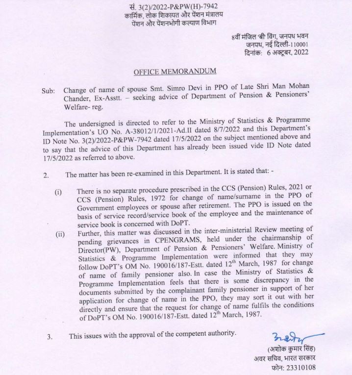 Change of name of spouse Smt. Simro Devi in PPO of Late Shri Man Mohan ...
